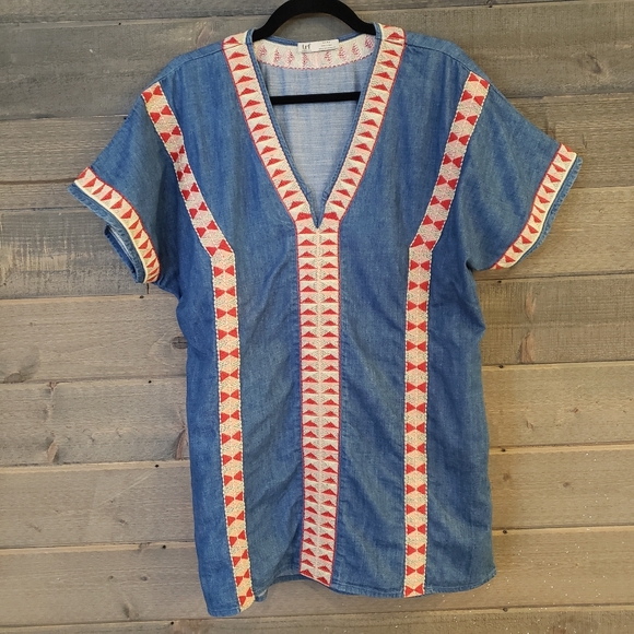 Zara | Dresses | Zara Trf Collection Embroidered Chambray Denim Mini ...